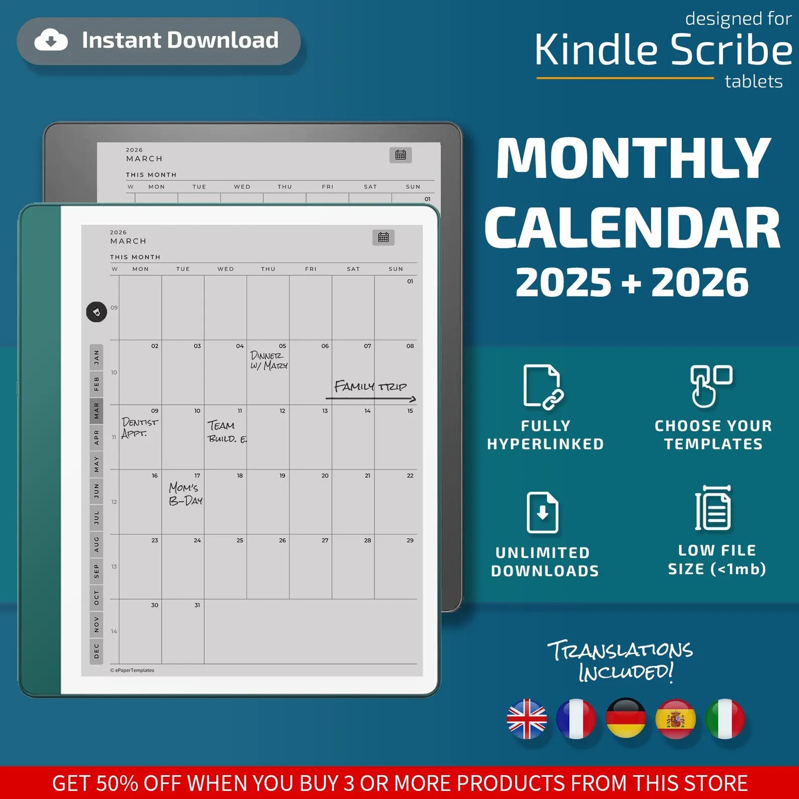 Monthly Calendar for Kindle Scribe tablets