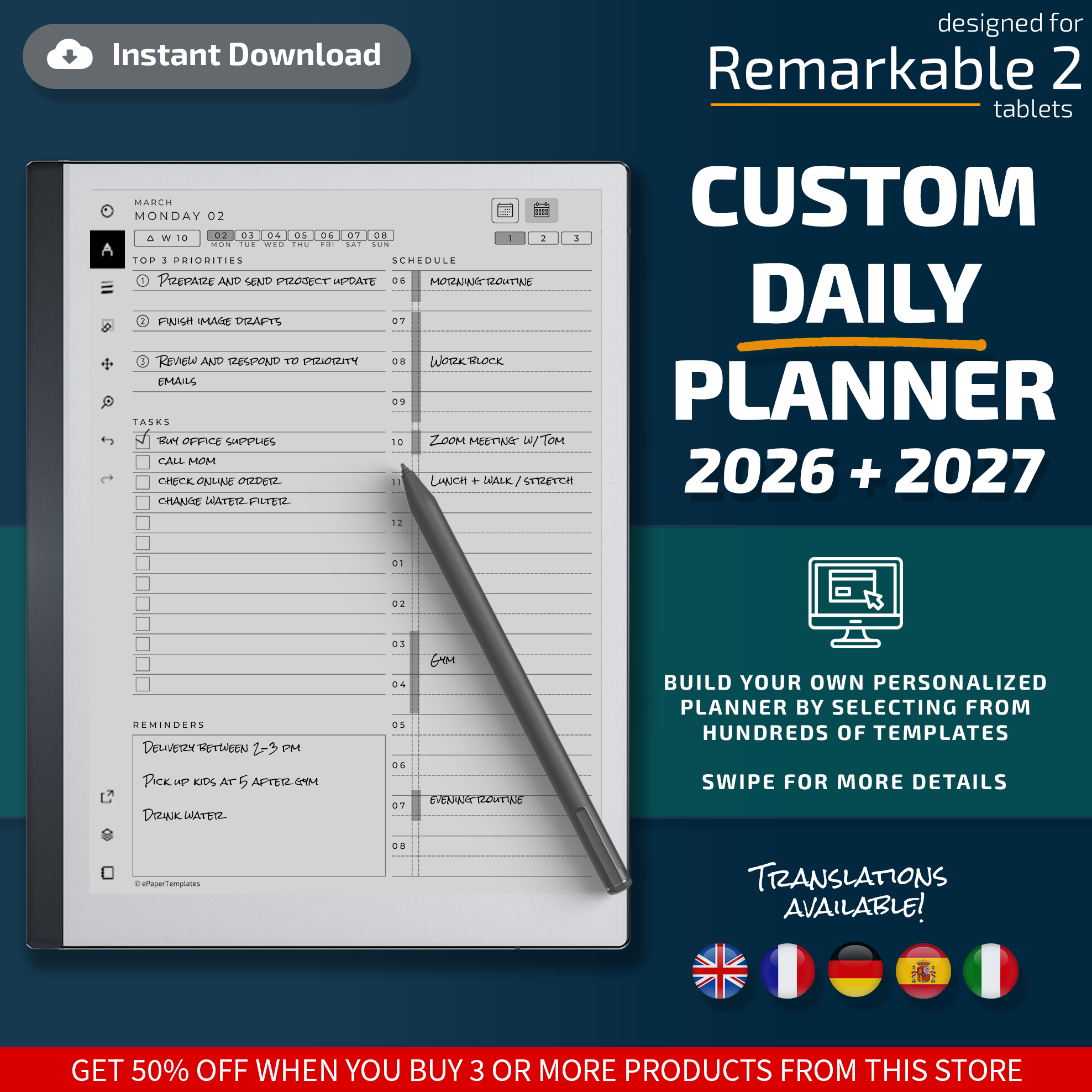 Custom Daily Planner for Remarkable tablets