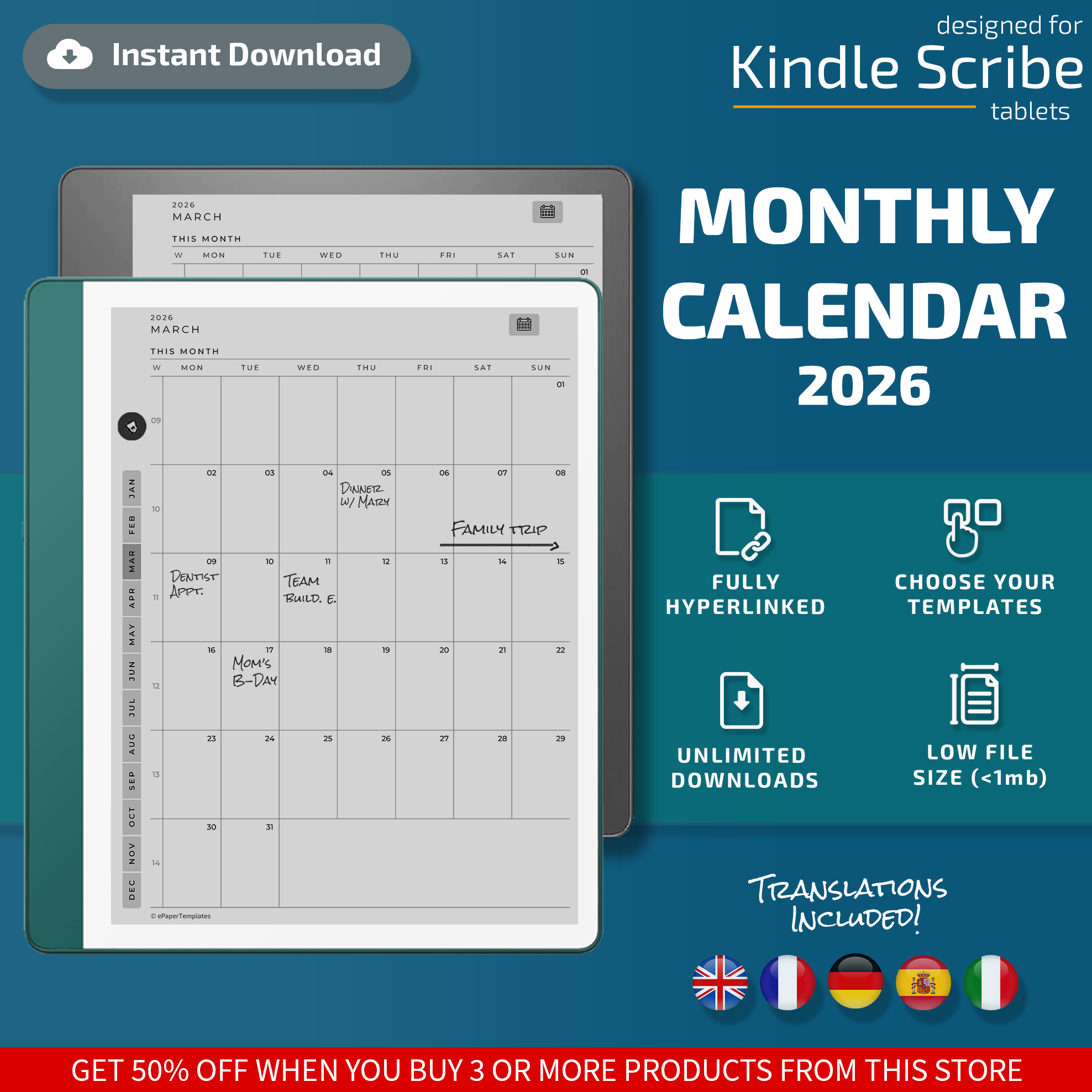 Monthly Calendar for Kindle Scribe tablets
